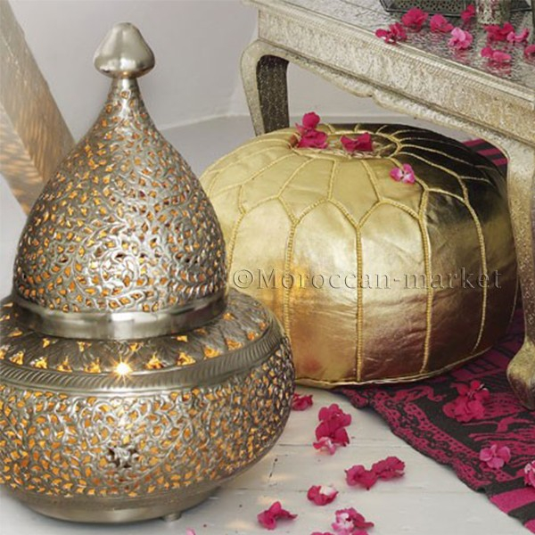 Moroccan leather pouffe in metallic gold